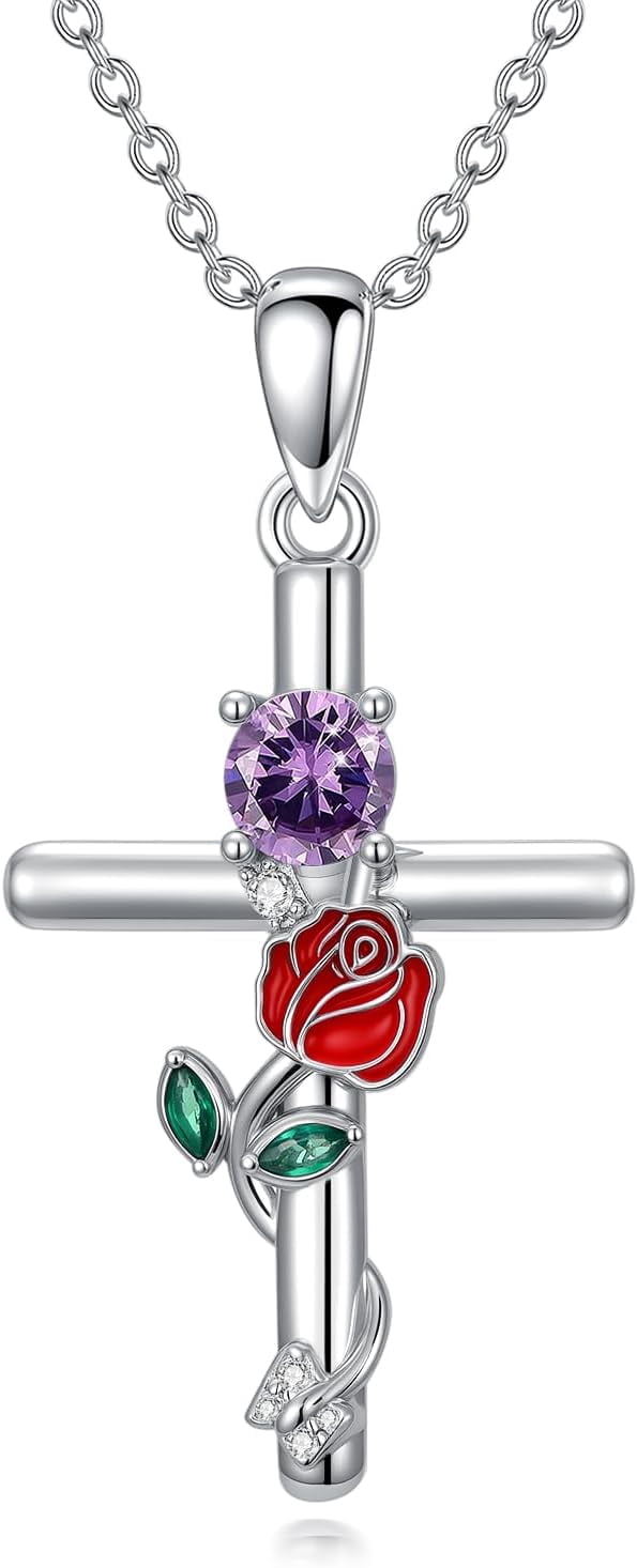 Birthstone Cross Necklace 925 Sterling Silver Rose with Butterfly ...