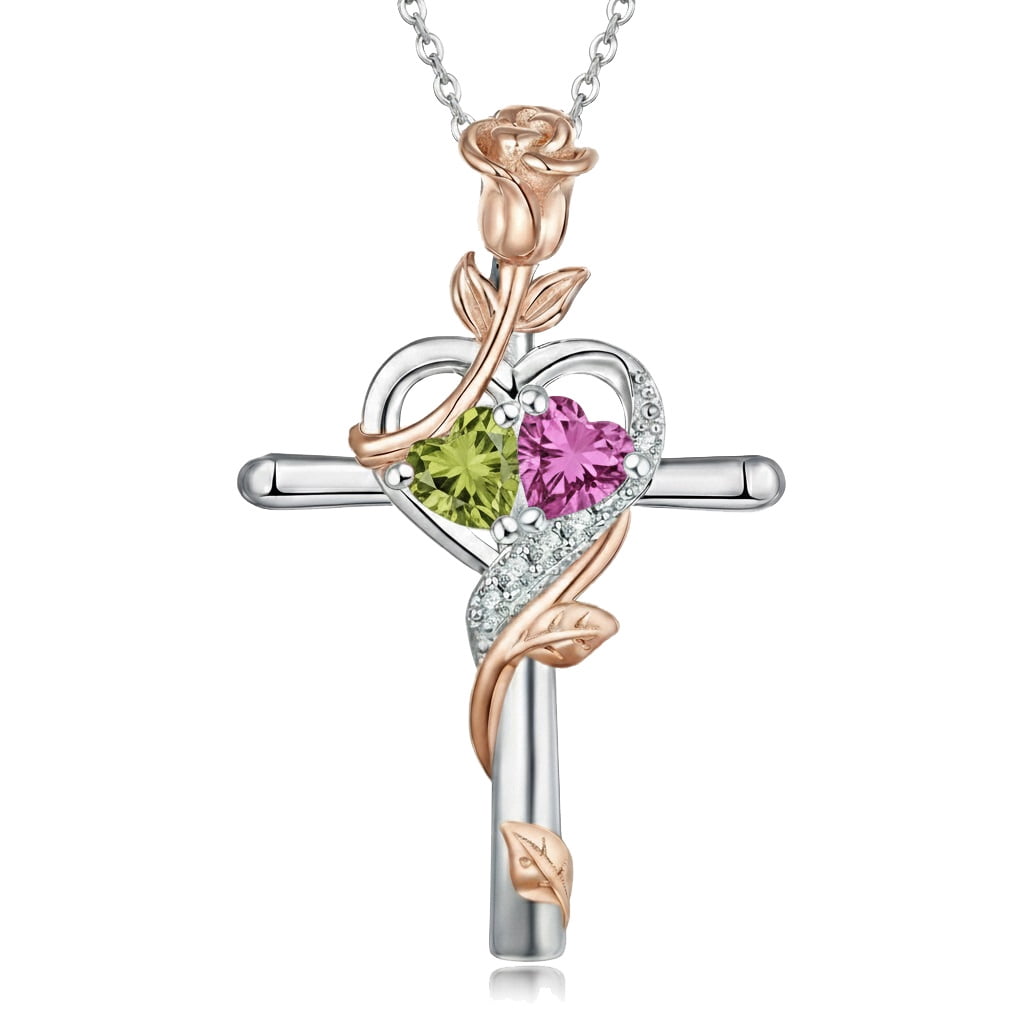 Birthstone Cross Necklace Rose Birthstone Pendant Heart Cross Jewelry ...