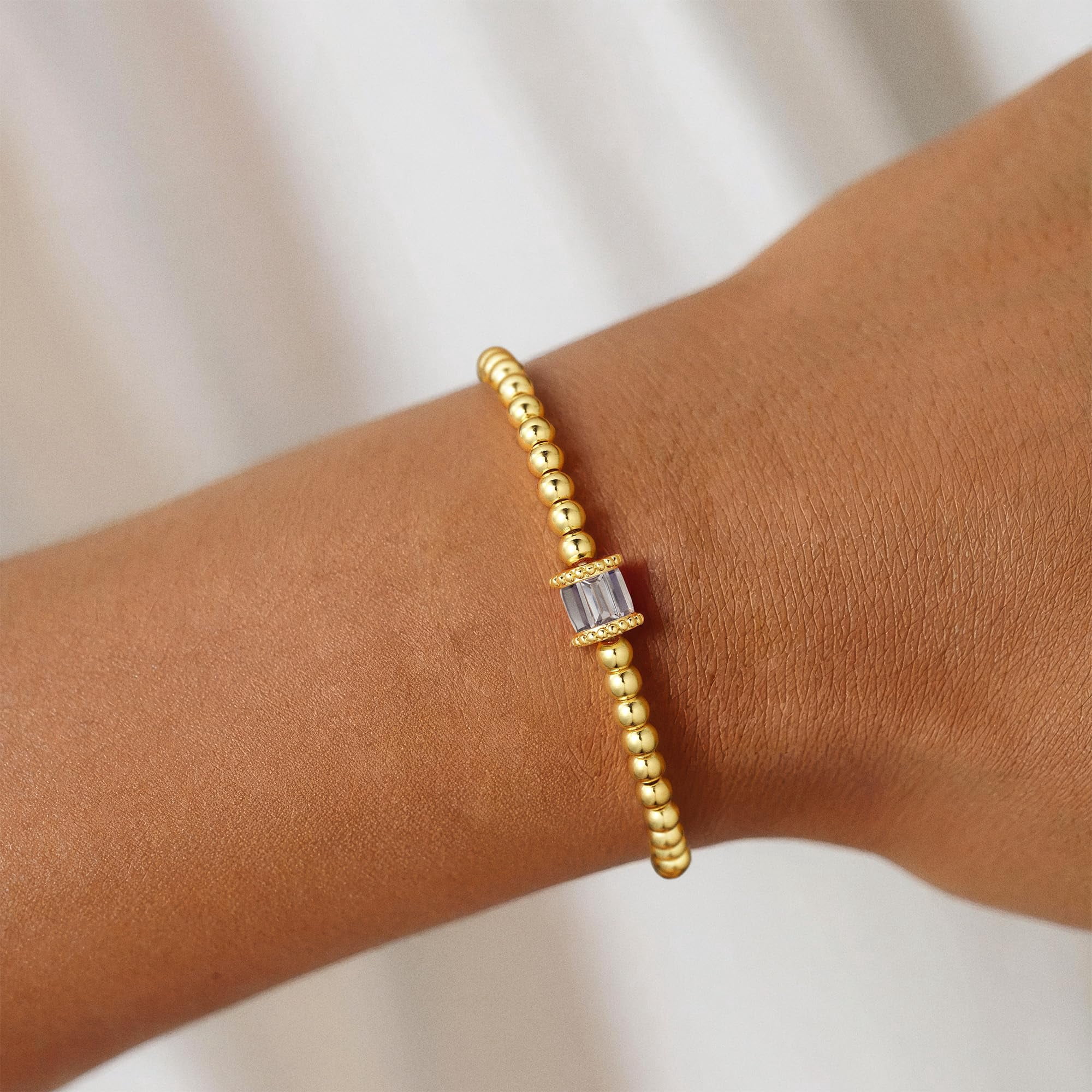 Birthstone Gold Beaded Bracelets for Women, Dainty Elastic 14k Real ...