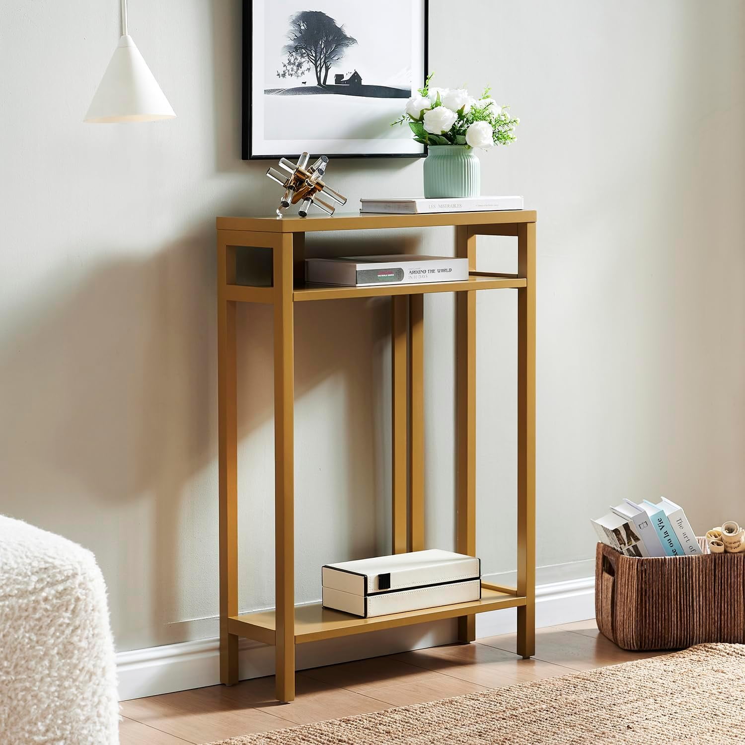 Bisbee Wood Console with 2 Open Storage Shelves Narrow & Minimalist ...