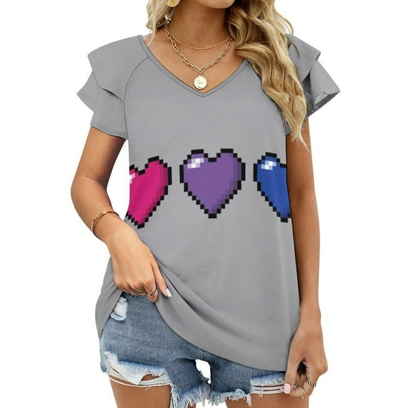 Bisexual Pixel Hearts Ruffle Short Sleeve T-Shirt Women's V Neck Sexy ...