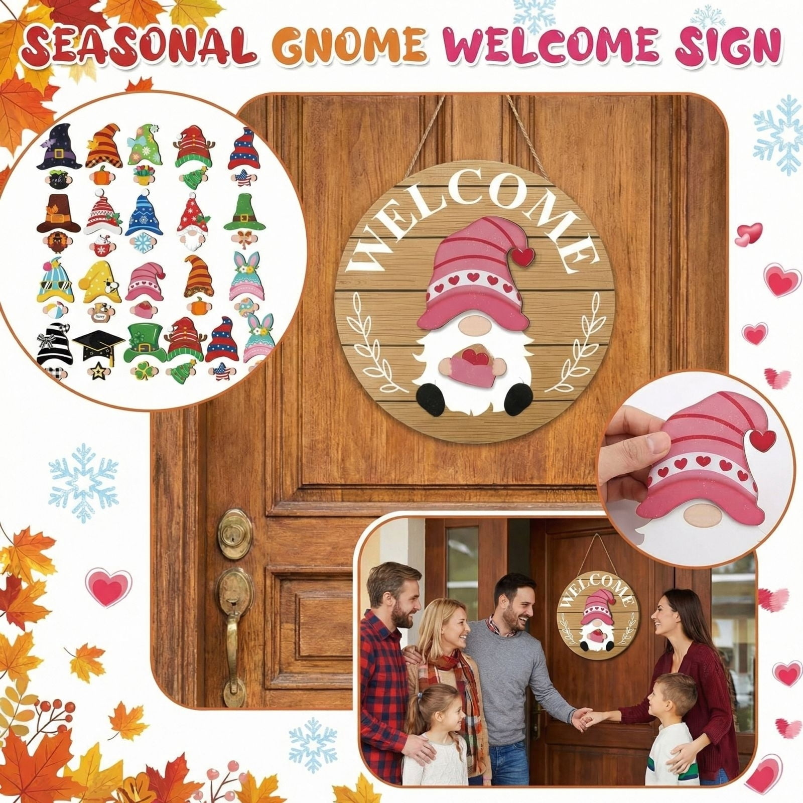 Bisitoy Interchangeable Wooden Gnome Decor Welcome Sign for Porch, Door ...