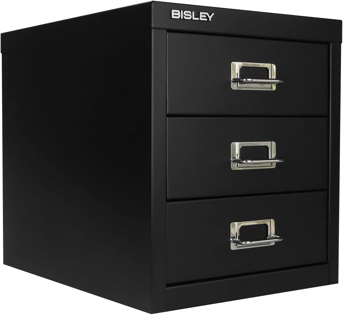 Bisley 3-Drawer Steel MultiDrawer Cabinet - Black, Chrome Pull Handles ...