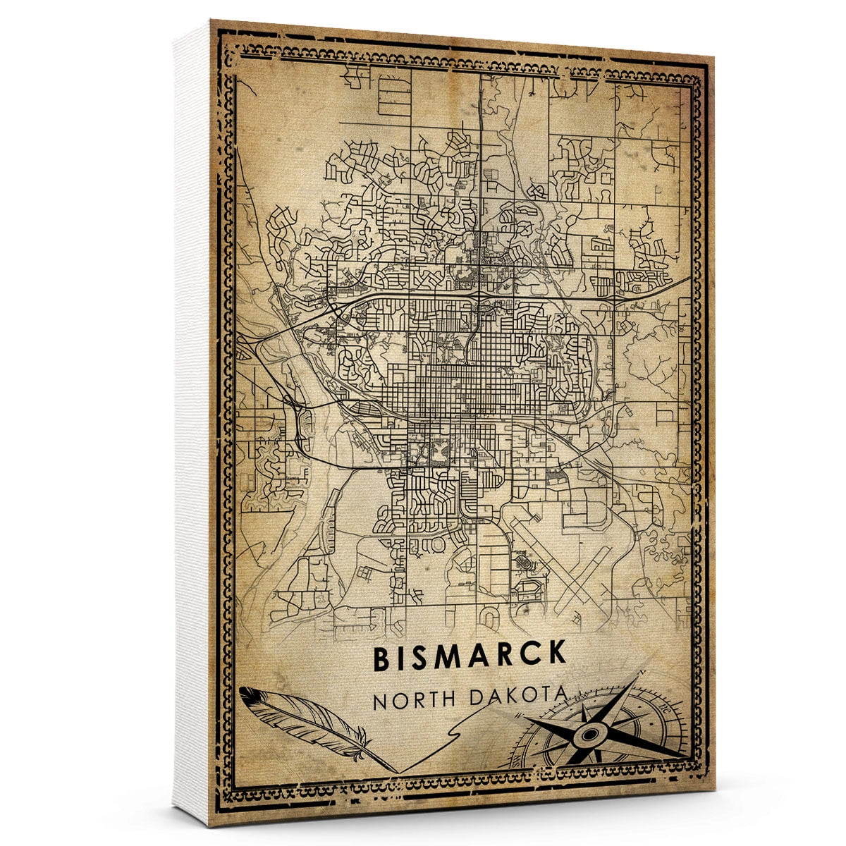 Bismarck Vintage Map Prints Canvas, North Dakota Map Art Canvas, Canvas ...