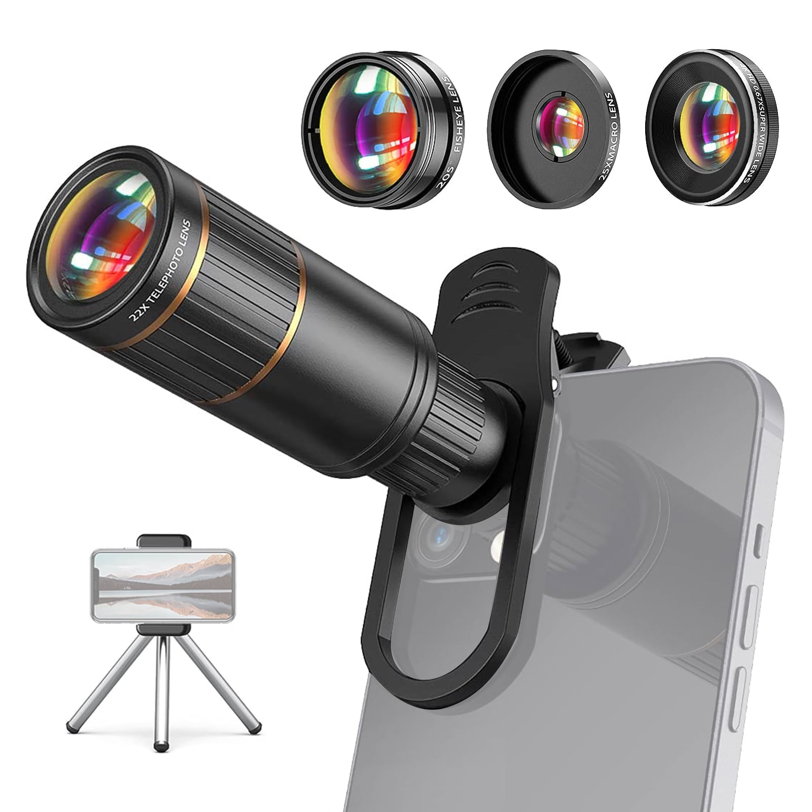 Bisofice Lens,4-in-1 Lens Kit Set With 22x 205° Fisheye Lens 25x Lens ...