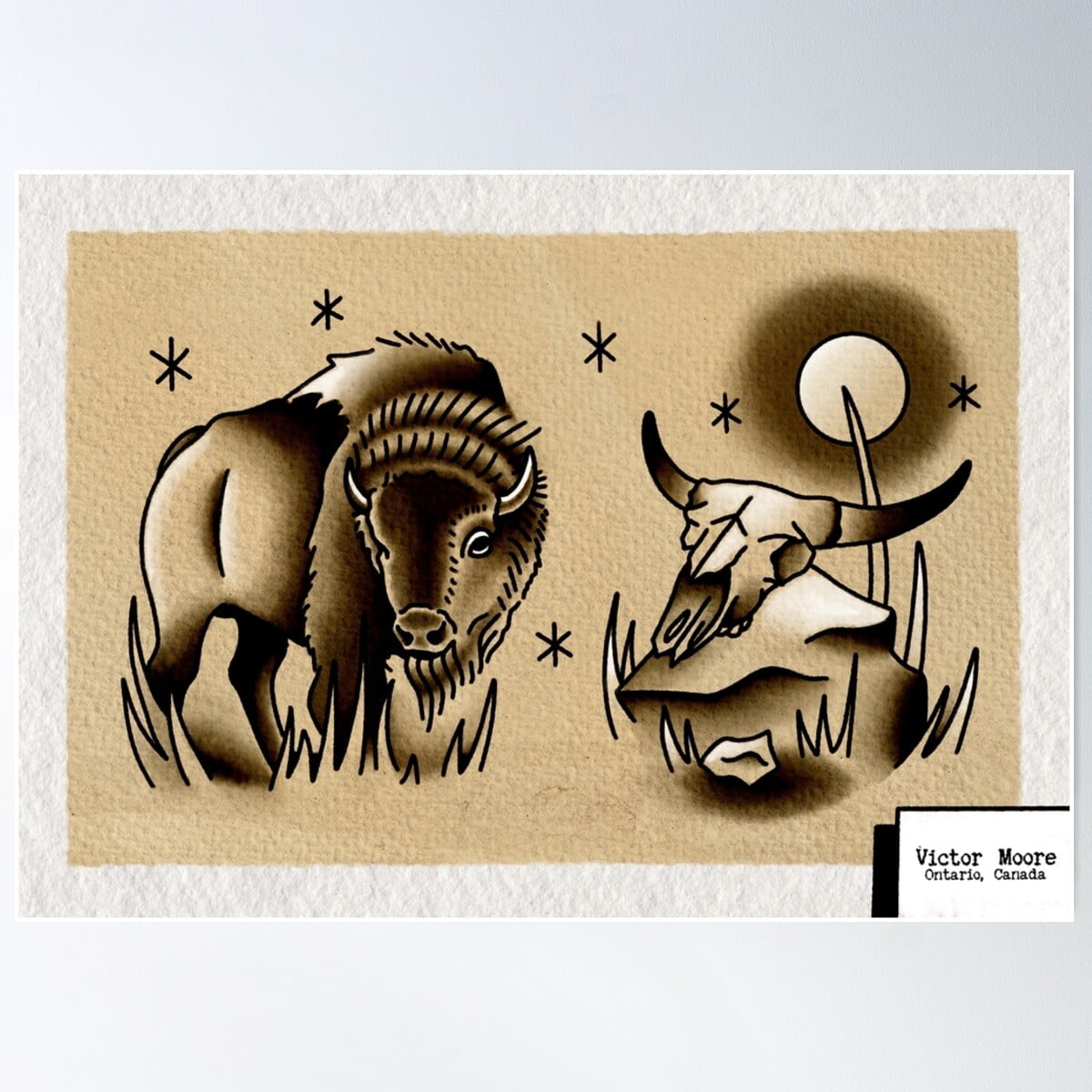 Bison Buffalo Tattoo Animal Flash Poster Wall Art, Modern Wall Decor ...