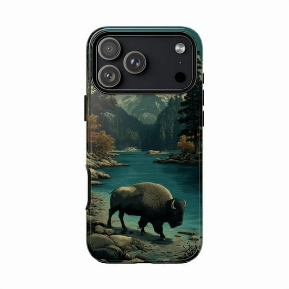 Bison Bull Mountain Lake Vector Landscape iPhone Case 17 16 15 14 13 12 ...