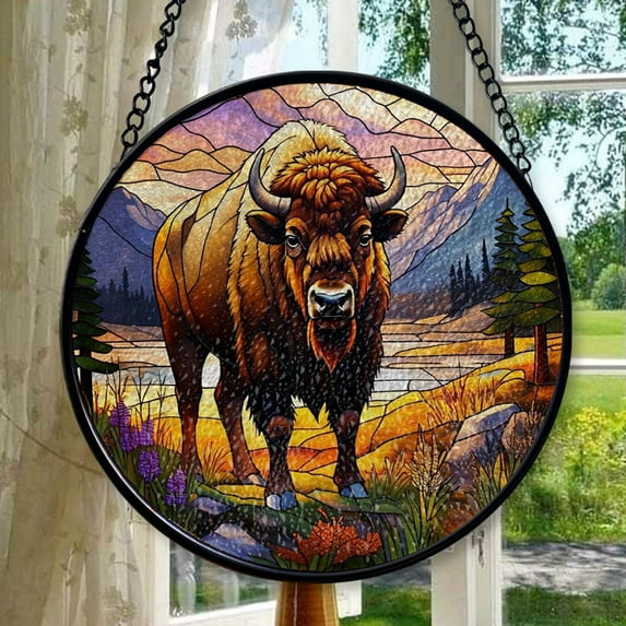 Bison Glass Suncatcher Gift - Faux Stained Glass Buffalo Window Hanging ...