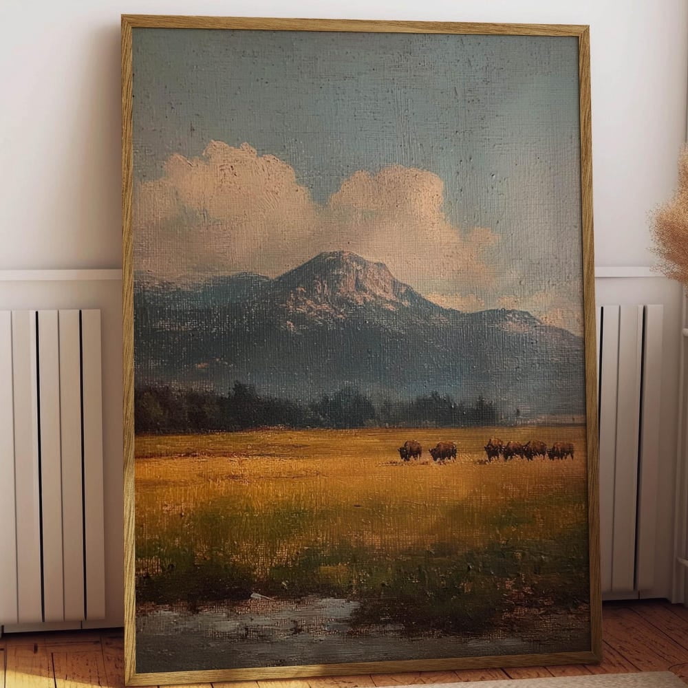 Bison Grazing In A Field Vintage Print Rustic Retro Buffalo Print Rocky ...