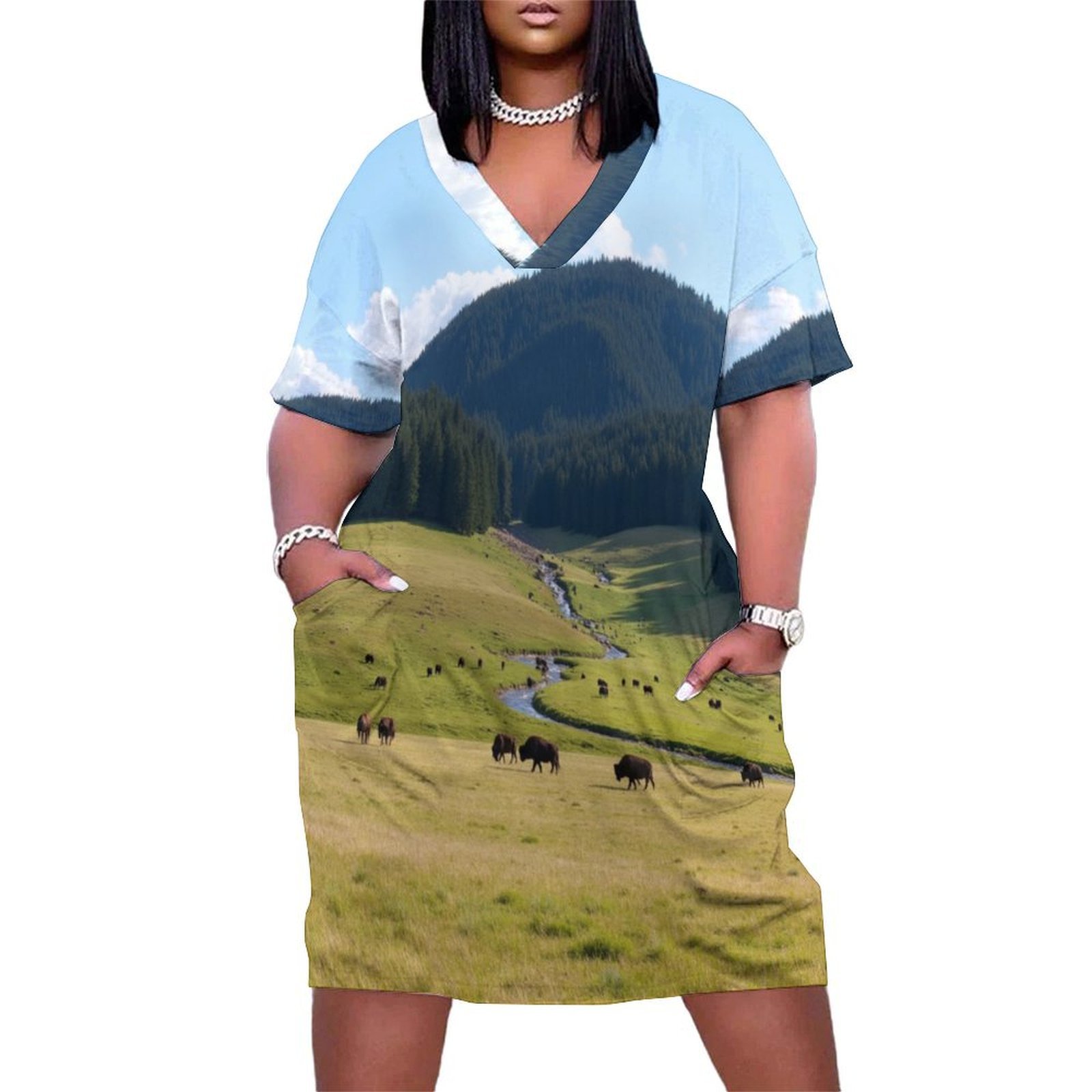 Bison Grazing Grassy Valley Landscape Loose Pocket Dress Dresses Summer ...