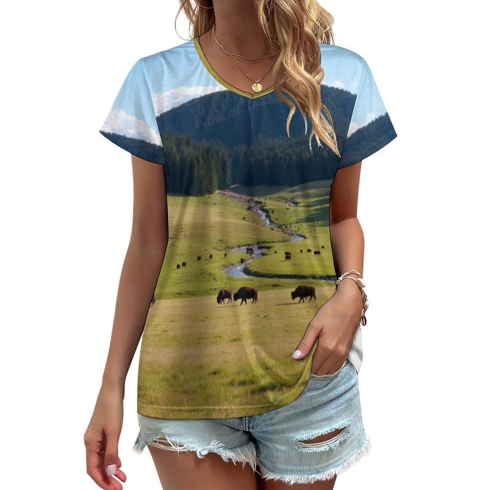 Bison Grazing Grassy Valley Landscape Women's Blouse Short Sleeve Women ...