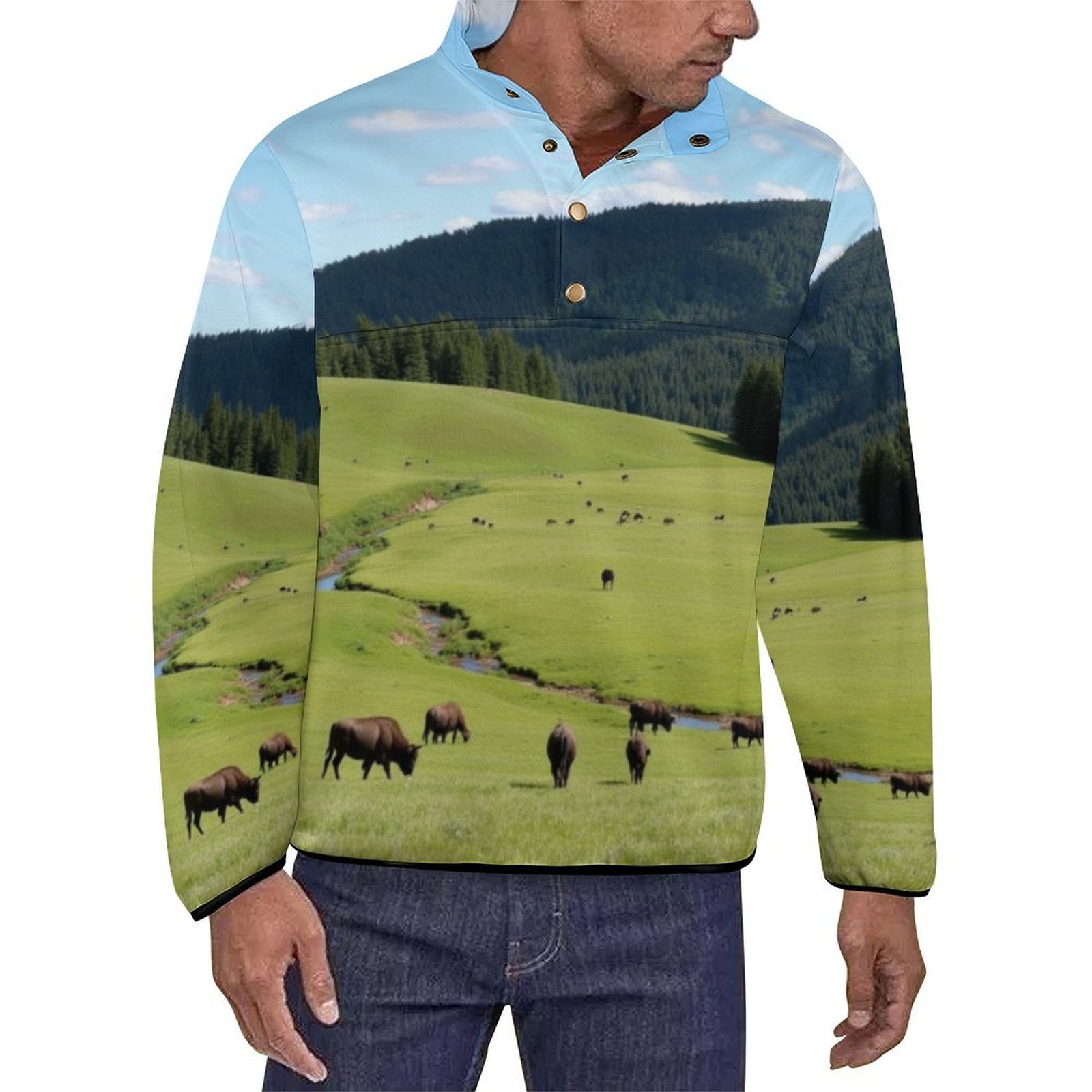 Bison Grazing on Green Pasture Men's Stand Collar Sweater Long Sleeve ...
