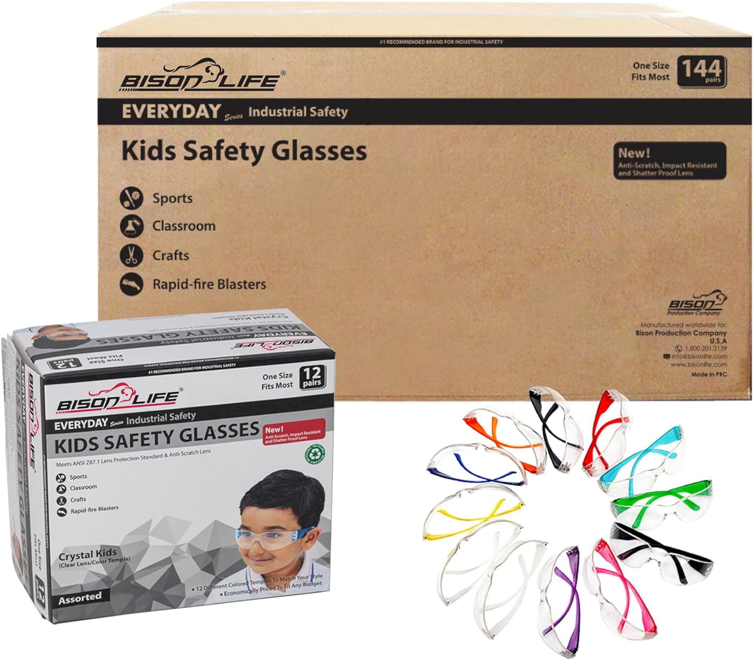 Bison Life Kids Safety Glasses (Pack of 144) ANSI Z87.1, Clear Lens ...