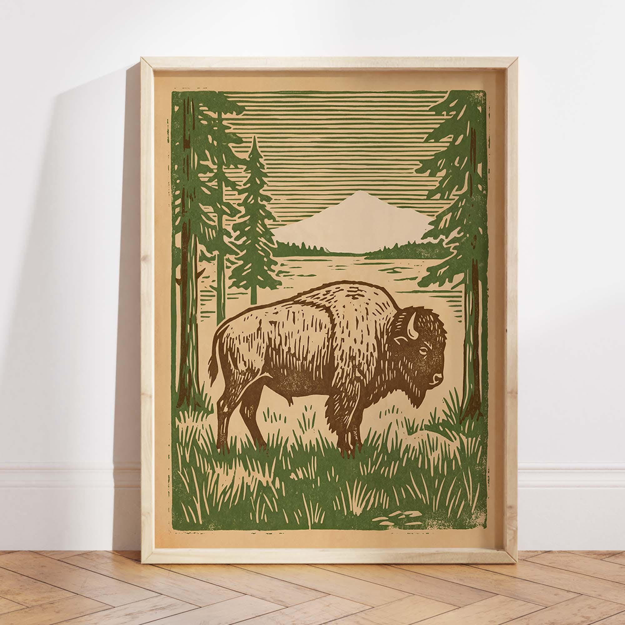 Bison Linocut Print Vintage Buffalo Wildlife Art Rustic Lodge Decor ...