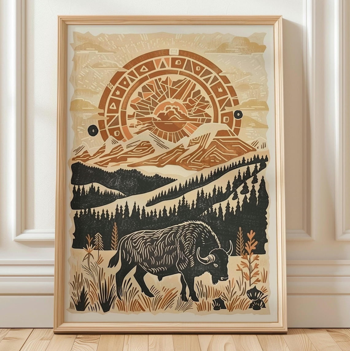 Bison Linocut Style Western Mountain Sun Rustic Poster Unframed Paper ...