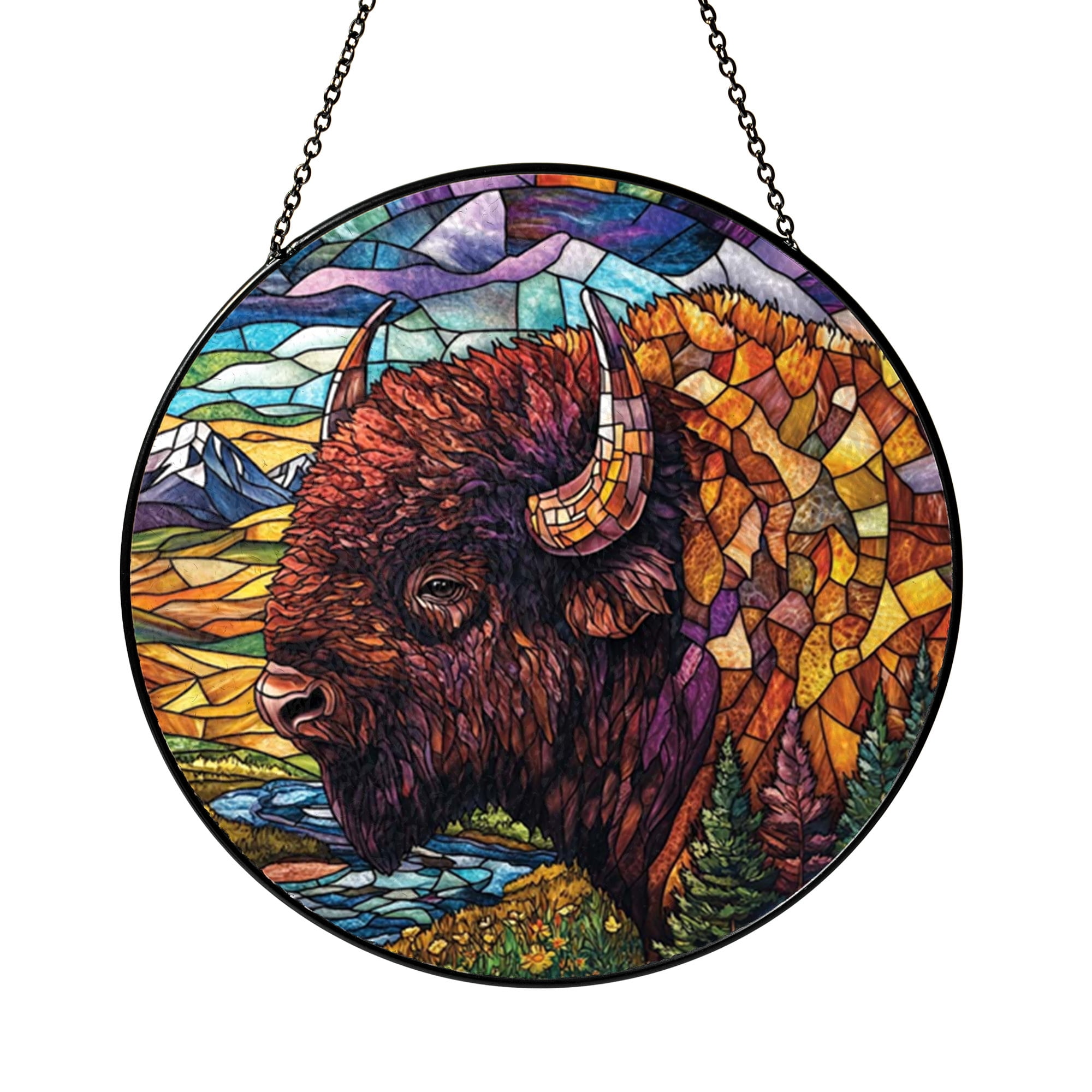 Bison Prairie Scene Stained Glass Suncatcher Window Decor, Wildlife Art ...