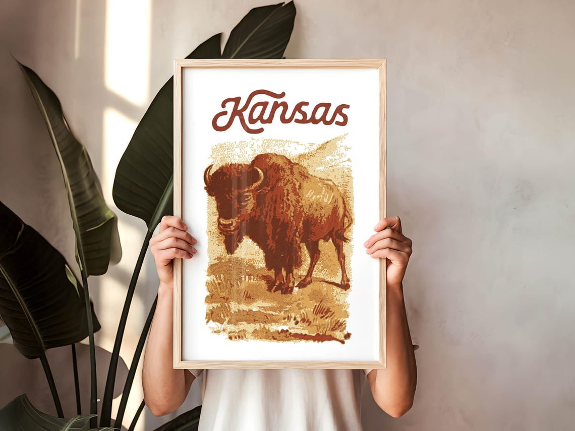 Bison Print Retro Kansas Art Poster Kansas Wall Decor Retro United ...