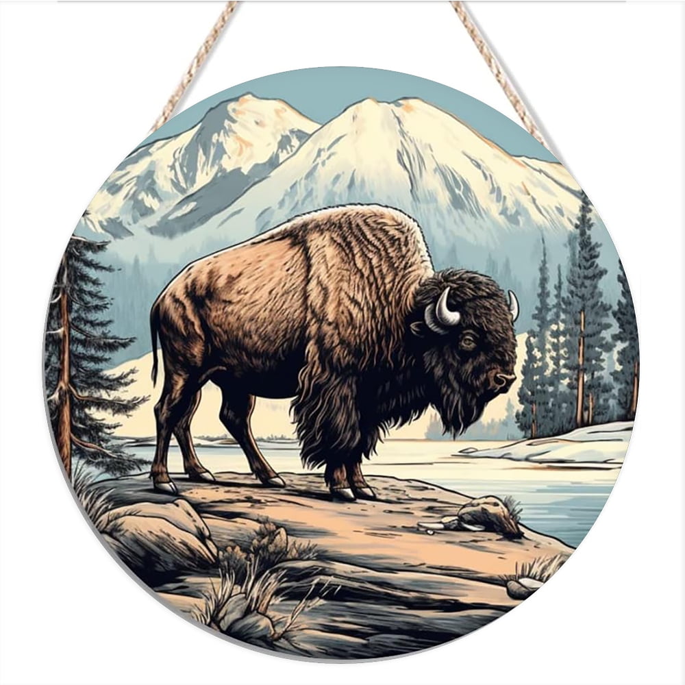 Bison Rustic Round Hanging Wood Sign, Welcome Sign Wooden Plaques Hanging Home Garden Kitchen ...