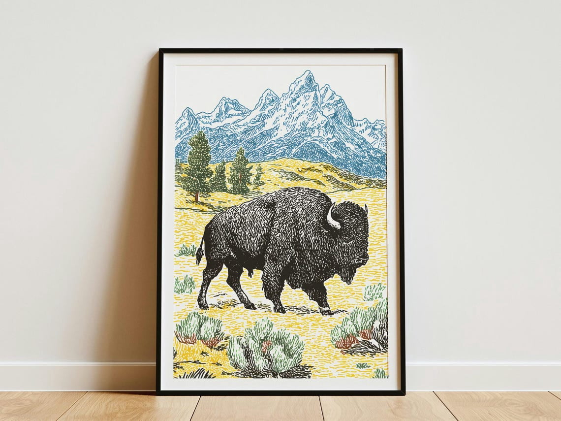 Bison Silhouette Majestic Desert Mountain Landscape Bison Herd Animal ...