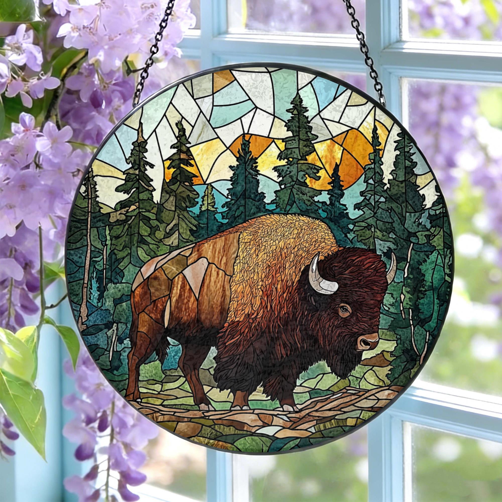 Bison Stained Glass Suncatcher: Western Prairie Window Hanging, Wild ...