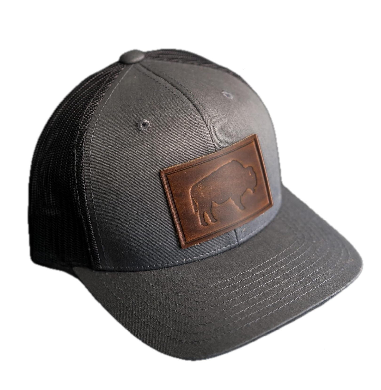 Bison Stamp Leather Patch Trucker Hat - - Adjustable Snapback ...