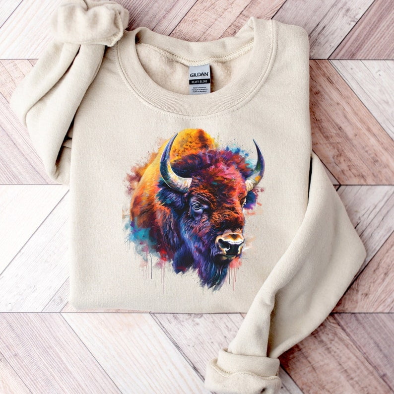 Bison Vibrant Watercolor Sweatshirt, American Buffalo Sweater, Buffalo ...
