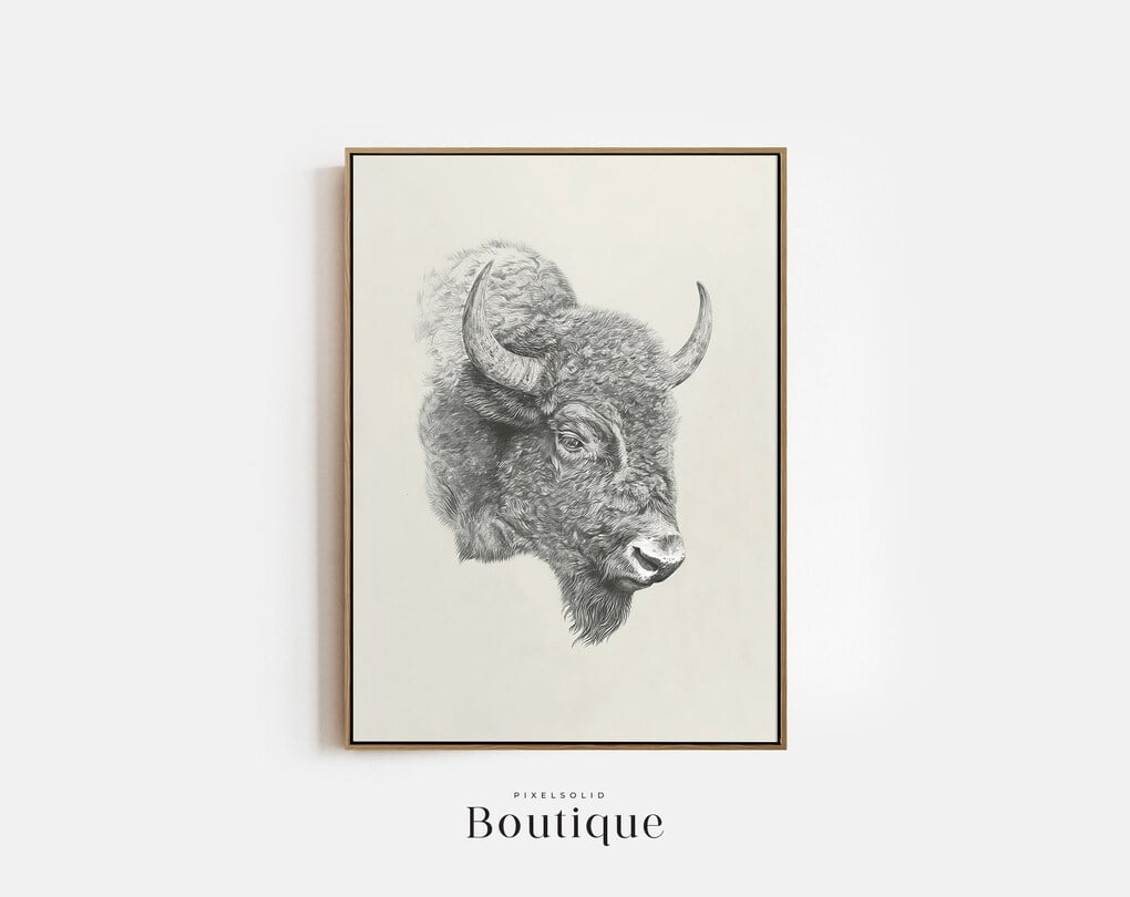 Bison Wall Art, Buffalo Sketch Print, Bison Pencil Drawing, Minimal ...