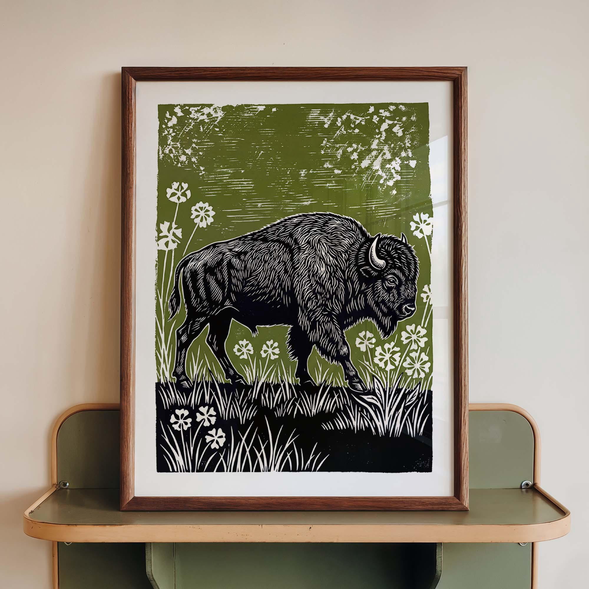 Bison Wall Art Print Buffalo Linocut Poster Olive Green Wildlife Decor ...