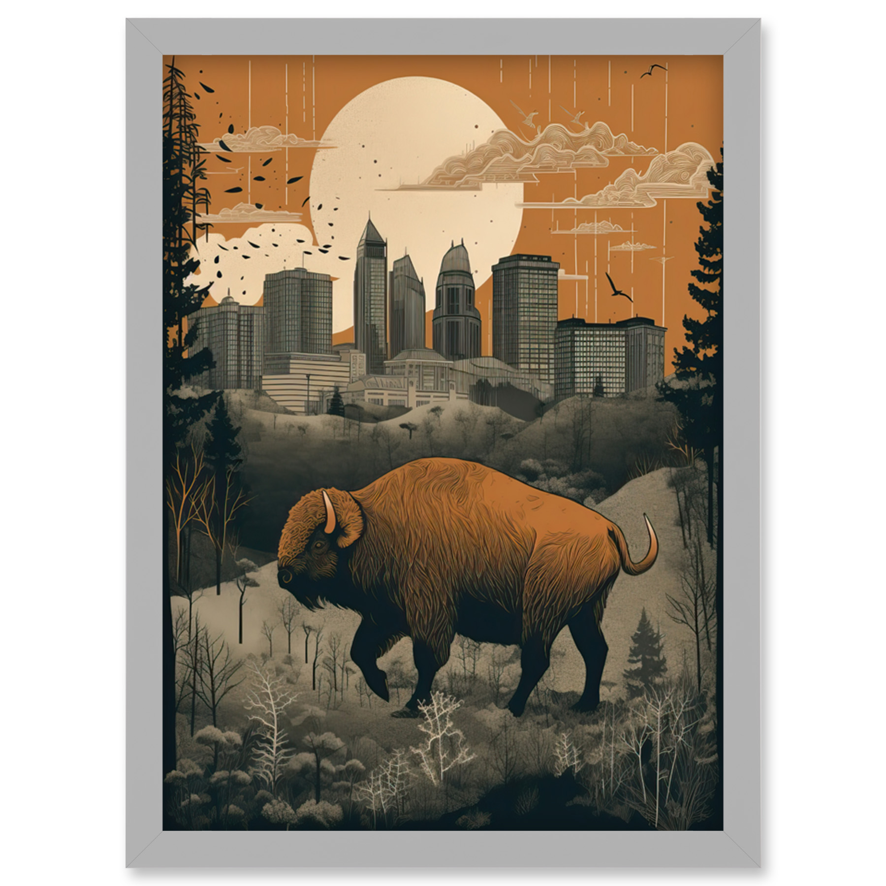 Bison in Forest by Urban Cityscape Modern Landscape Artwork Framed Wall ...
