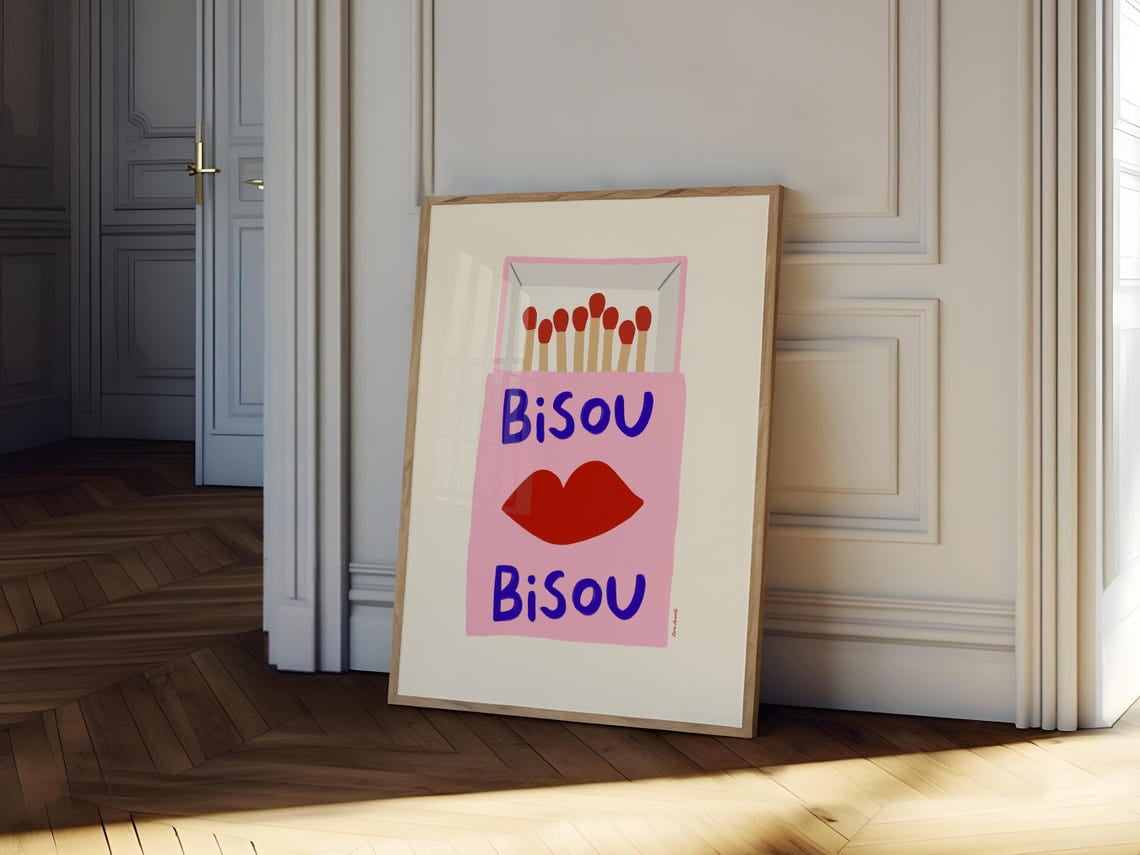 Bisou Bisou Matchbox Wall Art, Trendy Kiss Print, Retro French Poster, Aesthetic Hallway Decor ...