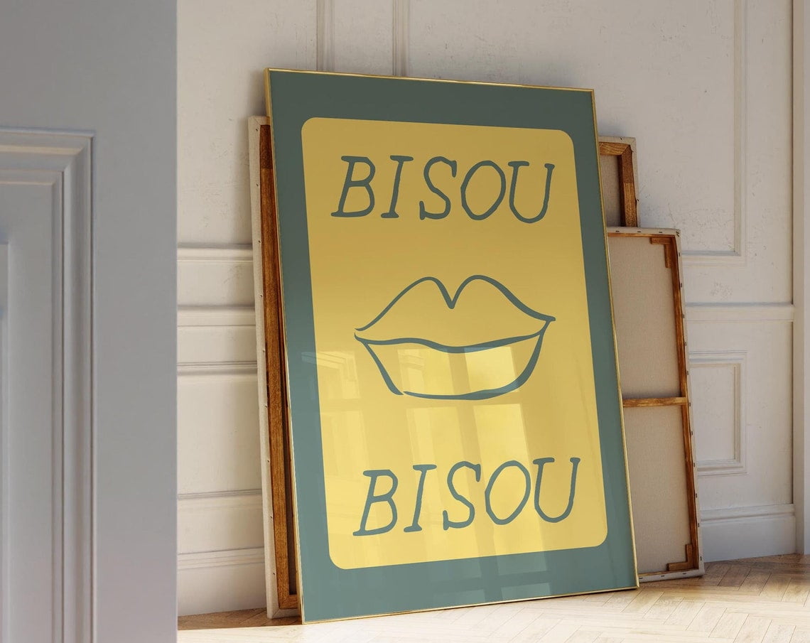 Bisou Bisou Poster Trendy Wall Art French Poster Retro Print Cute Quote ...