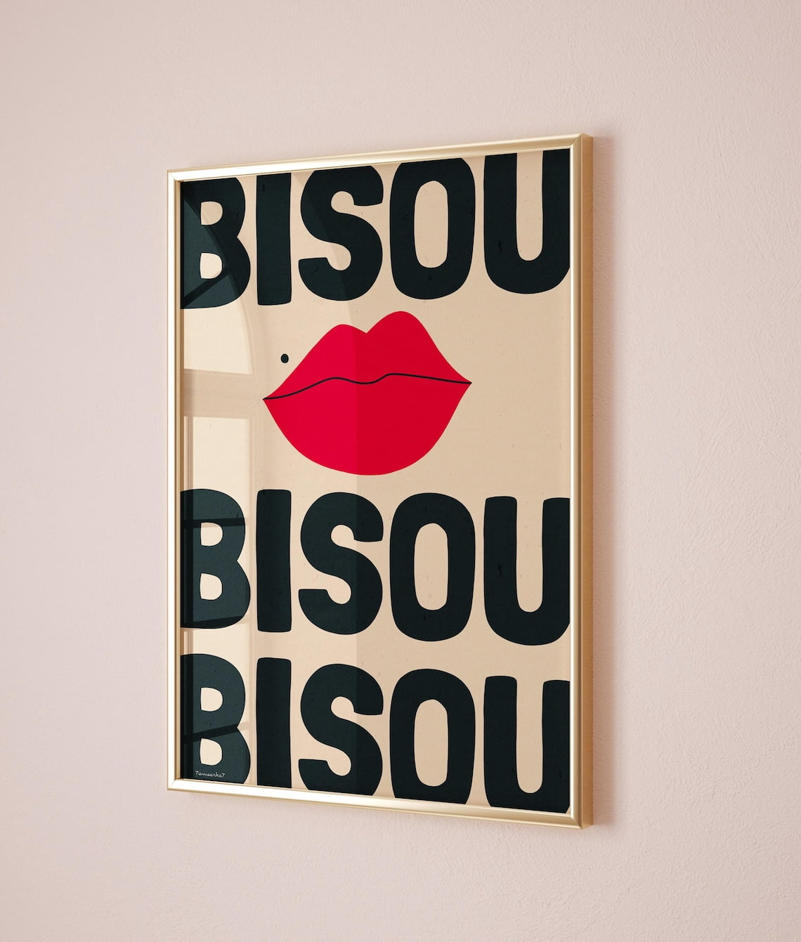 Bisou Poster French Kiss Trendy Wall Art Retro Lips Red Black 90S ...