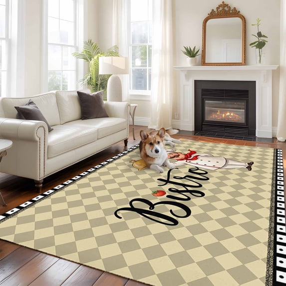 Bistro Cooker Washable Area Rug 5x7 Kitchen Tomato Plaid Black Border ...