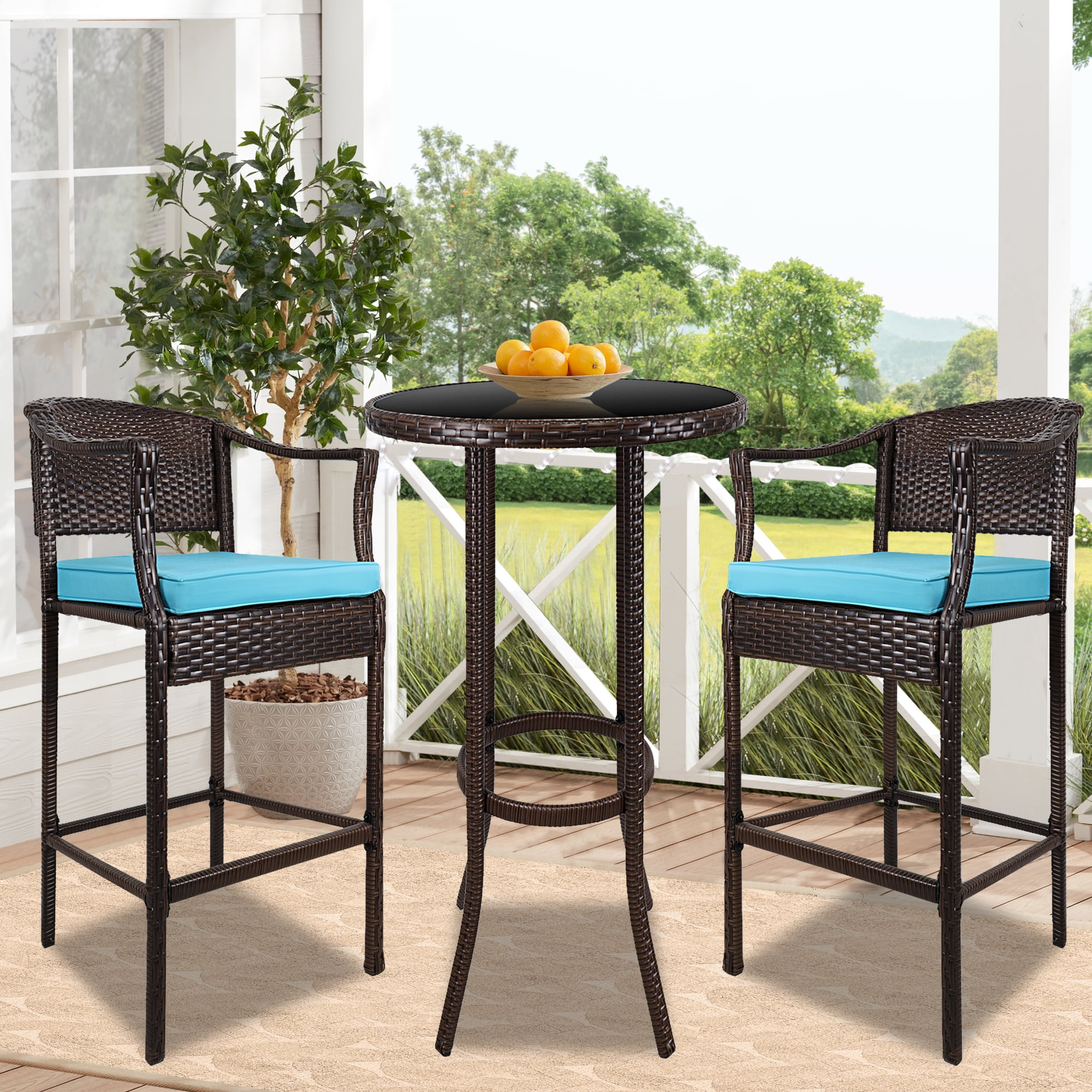 SEVENTH Outdoor Wicker Bistro Set 3 Piece Bar Height Patio Set with Glass Table and Bar Stools Brown