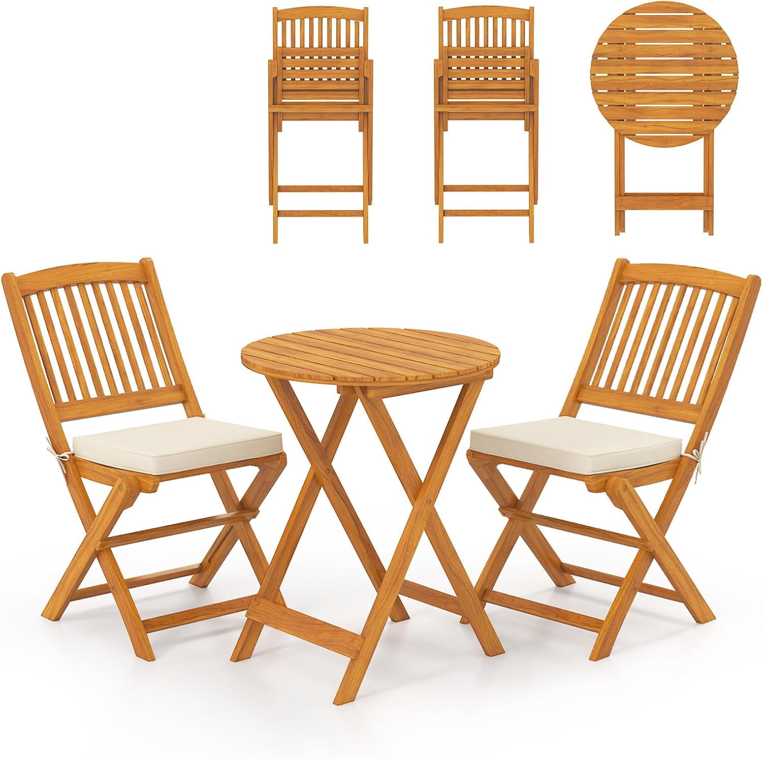 Bistro Table & Chairs Set of 2, 3 Piece Acacia Wood Bistro Set, Folding ...