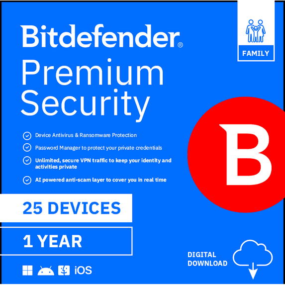 Bitdefender Premium Security Family for Windows & Mac, 25 Devices, 1 ...