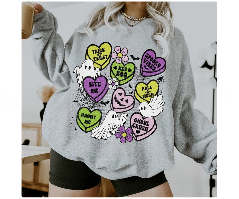 Bite Me Halloween Sweatshirt– Trendy Retro Tee with Candy Hearts and ...