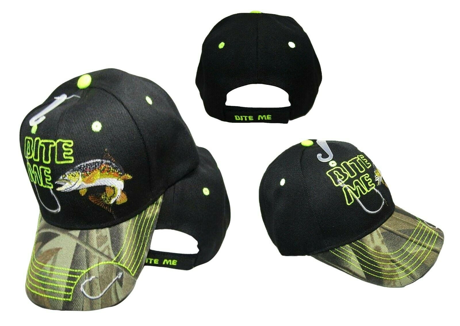 Bite Me Hook Trout Fishing Camouflage Black Front Embroidered Cap ...