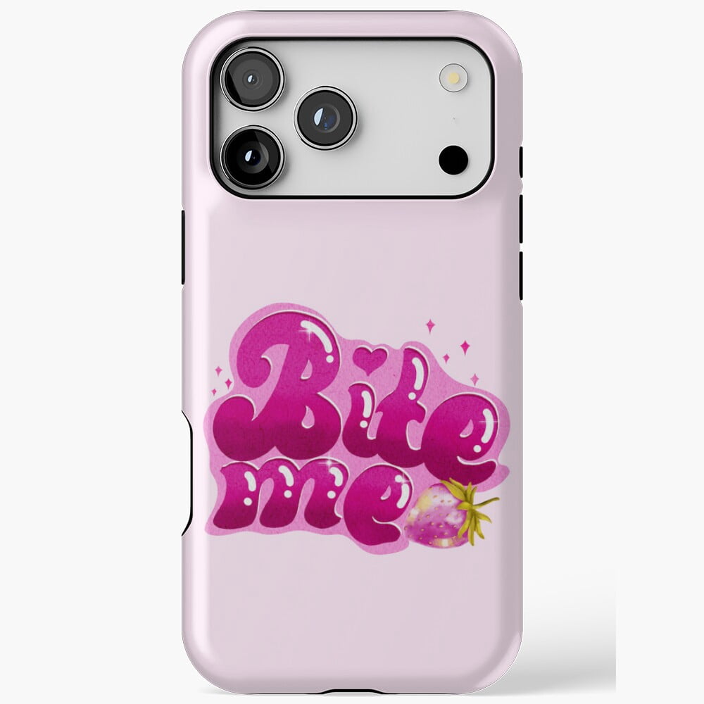 Bite Me Pink Strawberry Funny Fruit Quote Art iPhone Case 17 11 12 13 ...