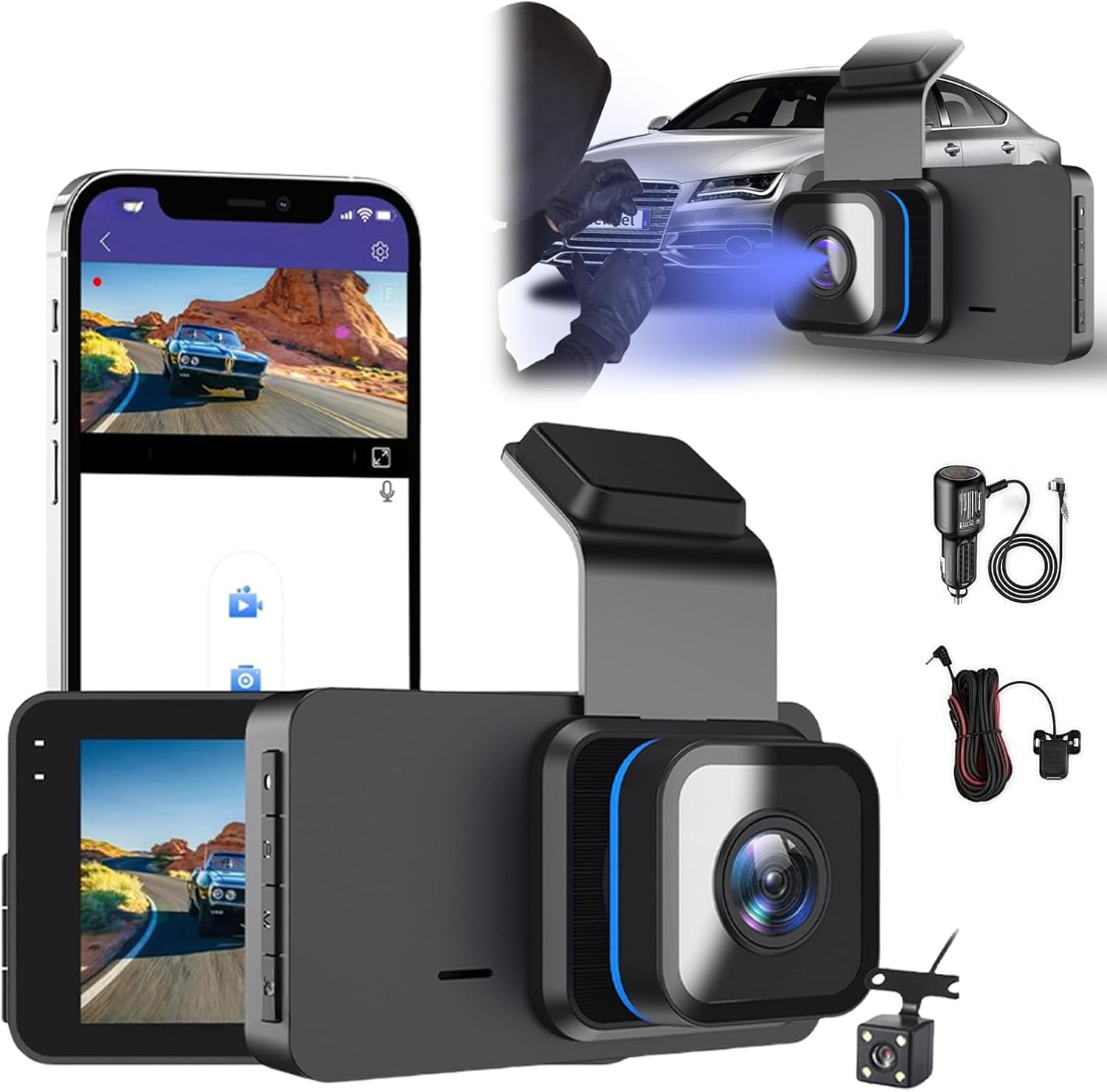 Biteblom Dashcam, HD Dash Cam with WiFi & GPS, 360 Wireless Dual 4k Dashcam Front and Rear, with ...