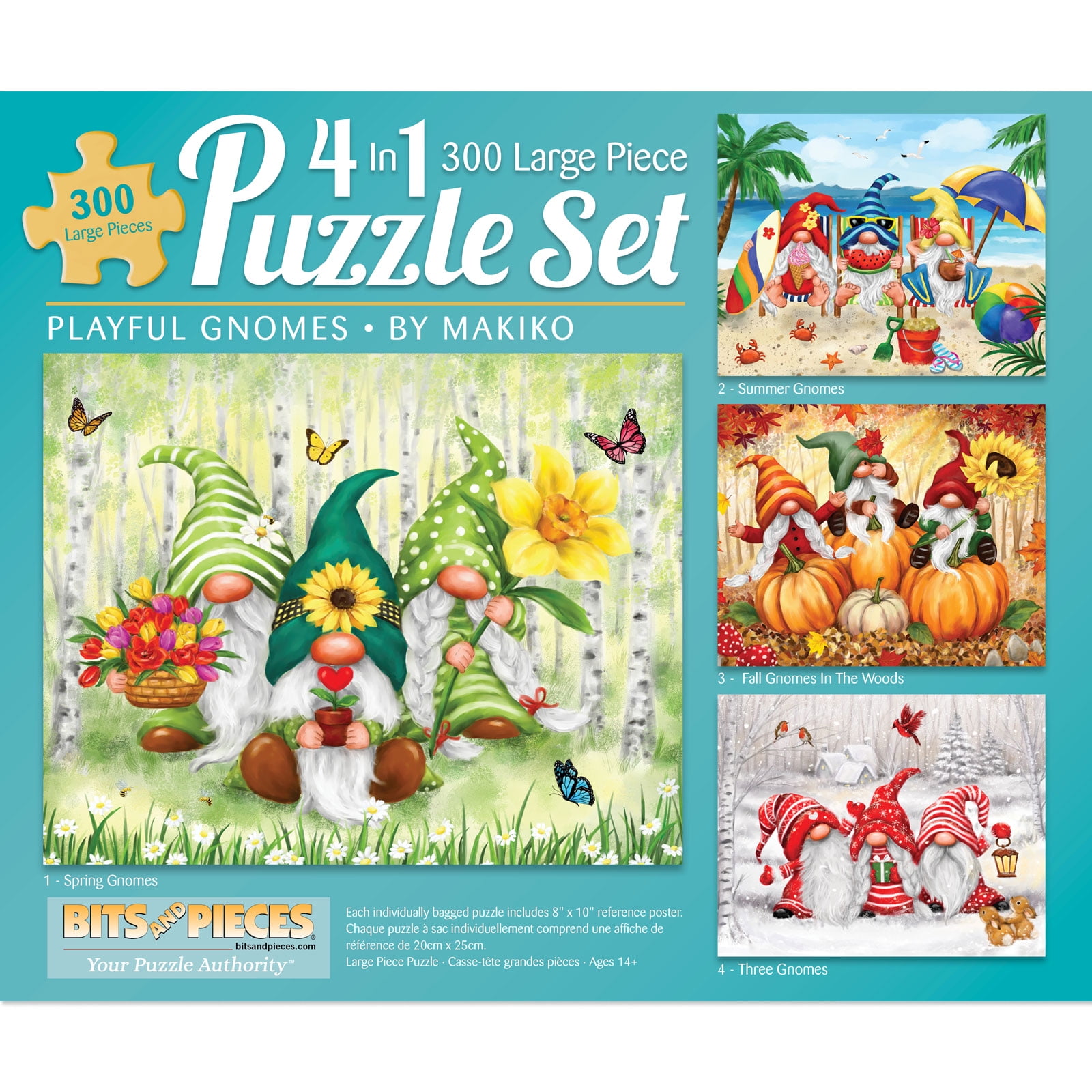 Bits and Pieces 4-in-1 Multi-Pack 300 Piece Jigsaw Puzzles Playful Gnomes Bundle by Makiko 16" x ...