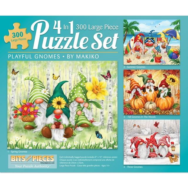 Bits and Pieces 4-in-1 Multi-Pack 300 Piece Jigsaw Puzzles Playful Gnomes Bundle by Makiko 16" x ...