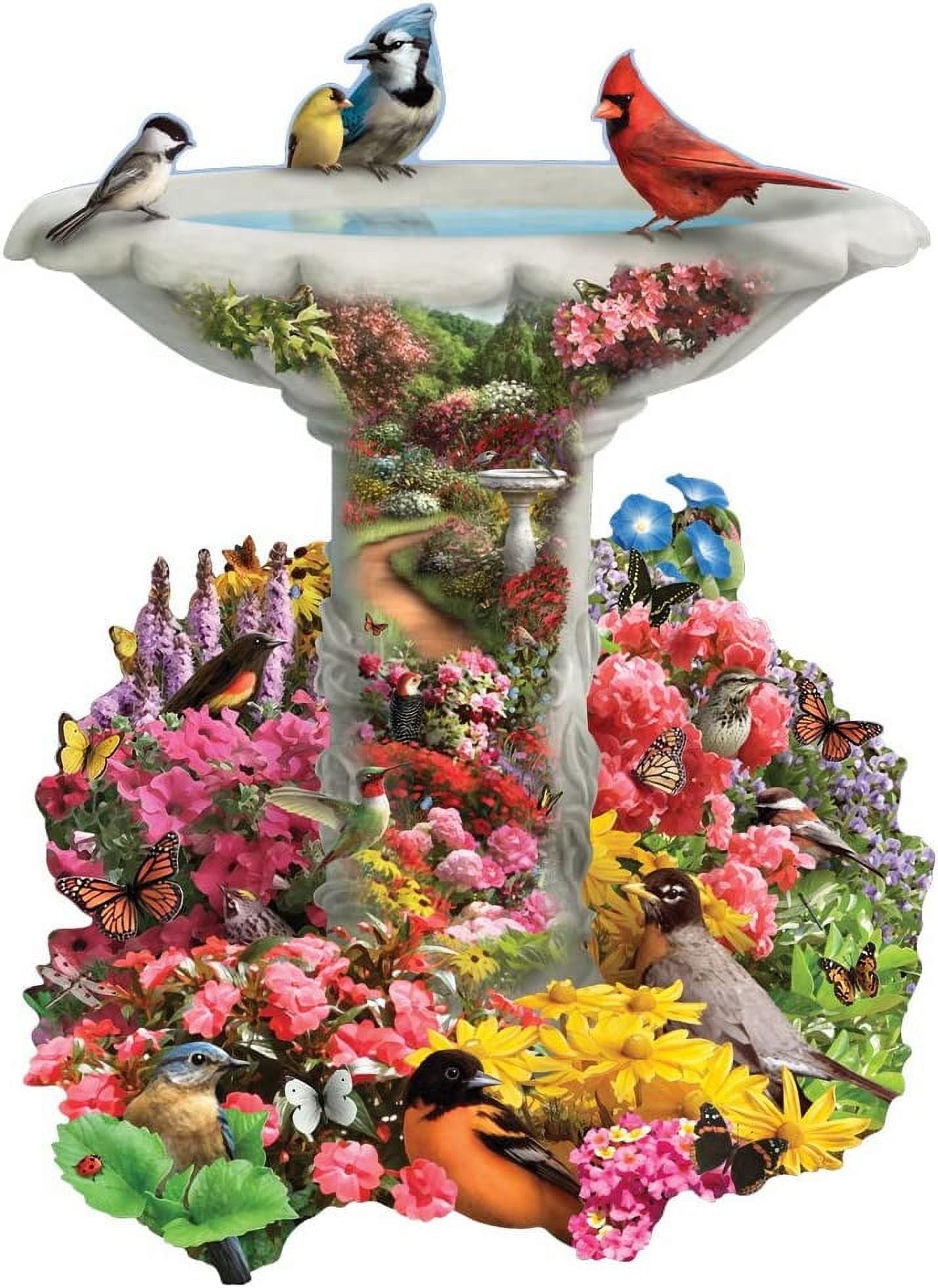 Bits and Pieces - 750 Piece Shaped Puzzle - Garden Birdbath, Busy Bird ...