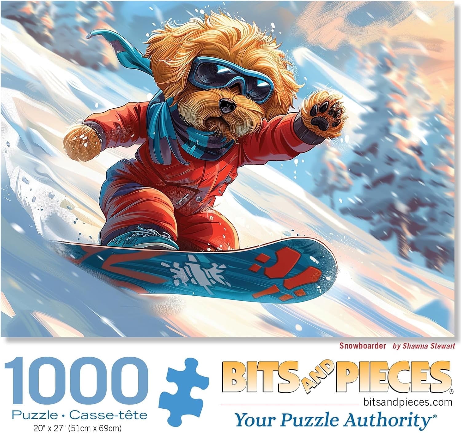 Bits and Pieces Jigsaw Puzzle Snowboarder Winter Dog 1000 Piece 20" x ...