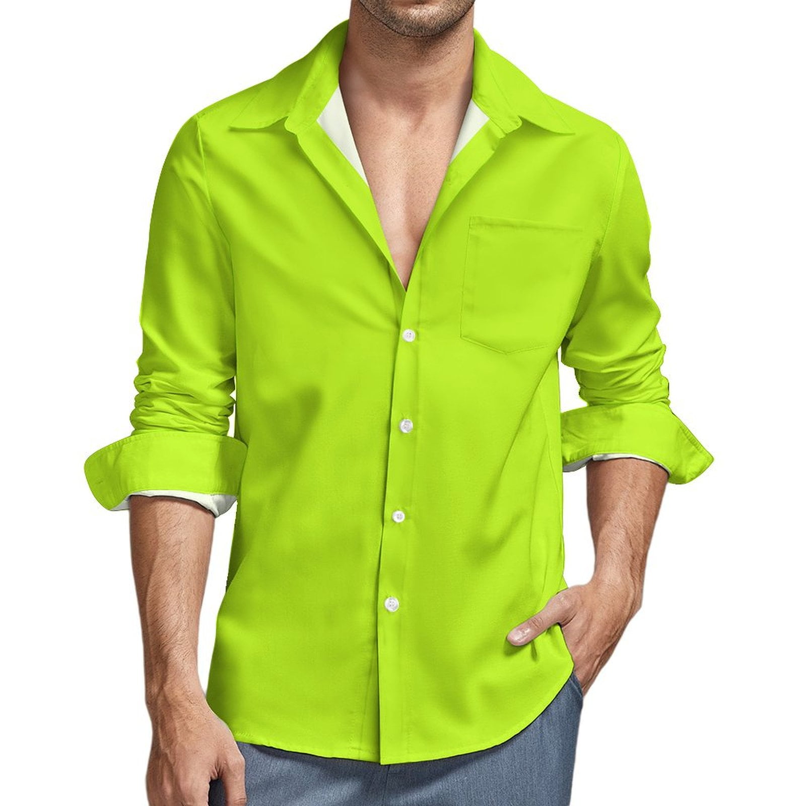 Bitter Lime Neon Green Yellow Solid Color Hawaiian Shirt for Men Long ...