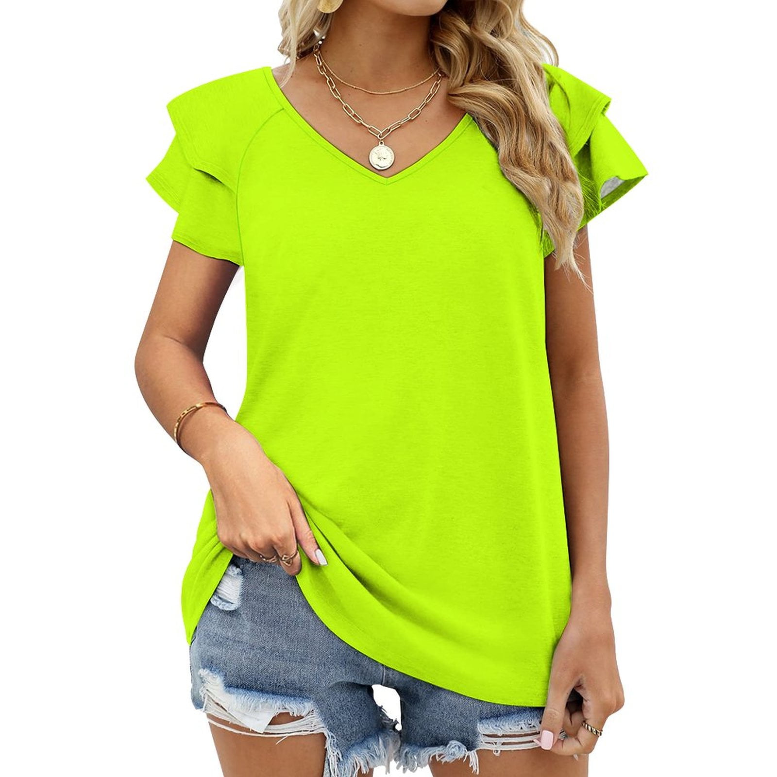 Bitter Lime Neon Green Yellow Solid Color Lotus Leaf Neck Women'S T ...