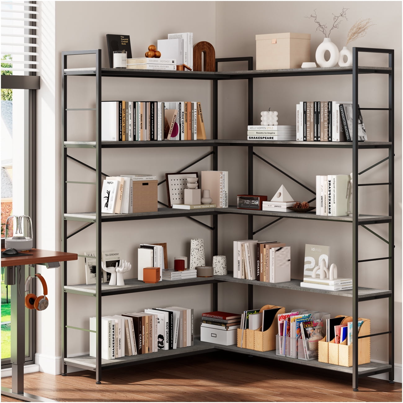 Biuhony 5-Shelf Triple Wide Corner Industrial Bookshelf, Large Book ...