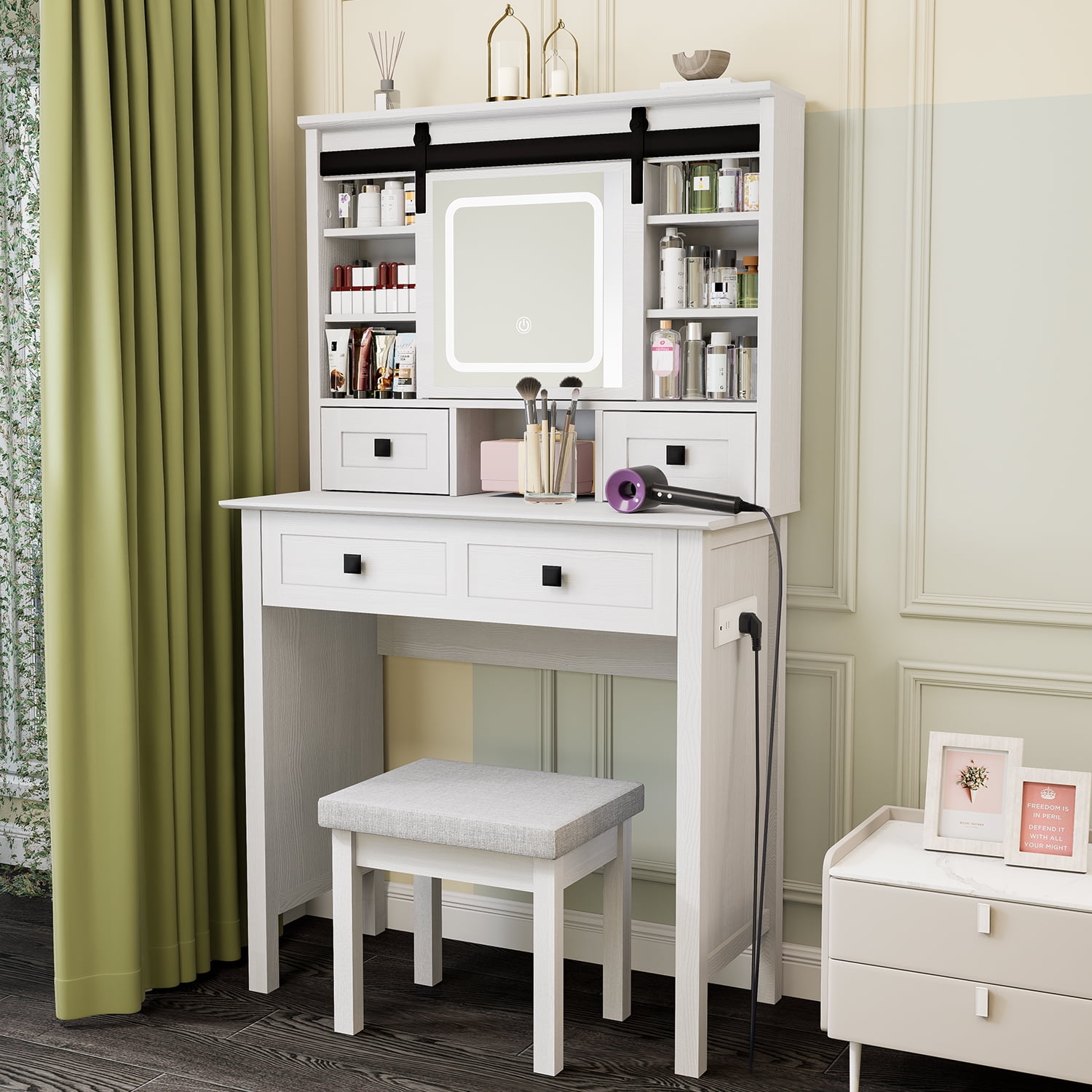 Biuhony Farmhouse Makeup Vanity Desk Set with Sliding Mirror Light ...