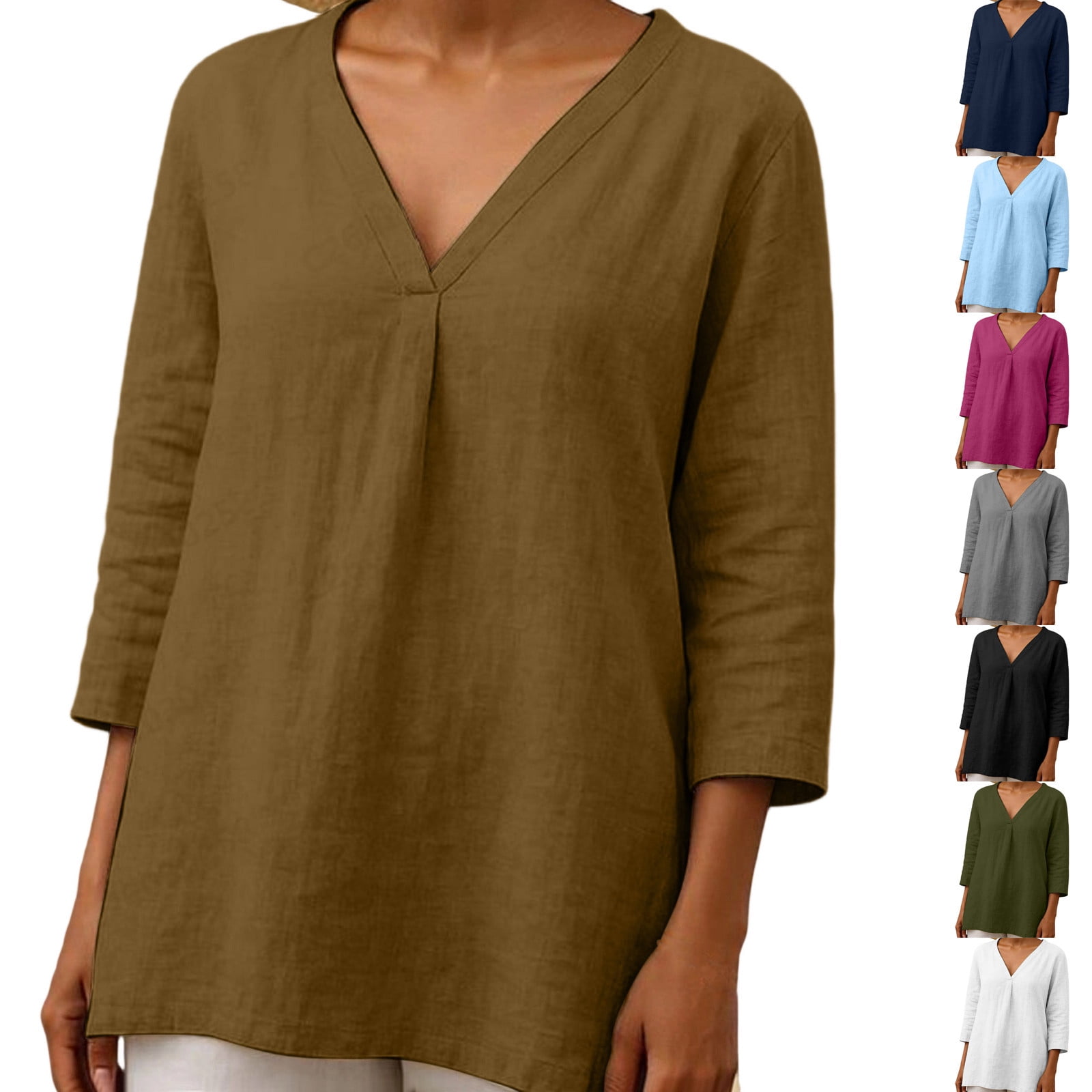 Bixock 3/4 Length Sleeve Women Linen Shirts Casual Blouse Solid Color V ...