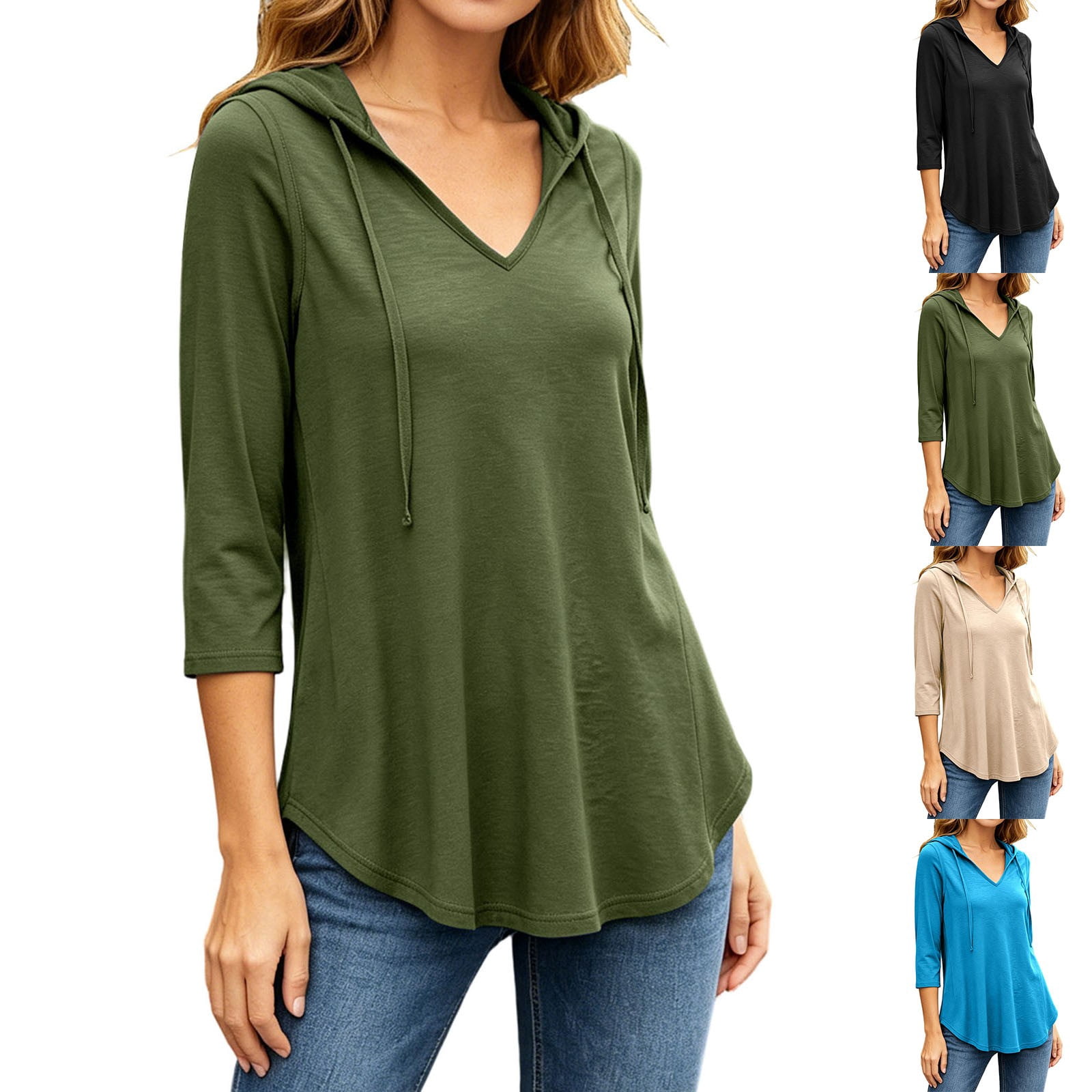 Bixock 3/4 Length Sleeve Women Tops Tunic Tank Solid Color V Neck ...